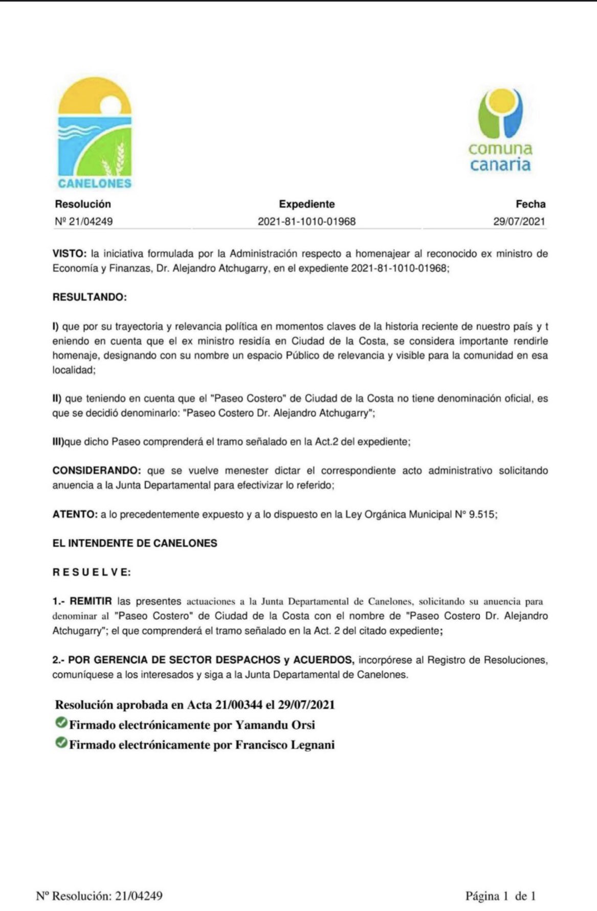 «Los canarios homenajeamos al Dr. Alejandro Atchugarry» | La Gaceta